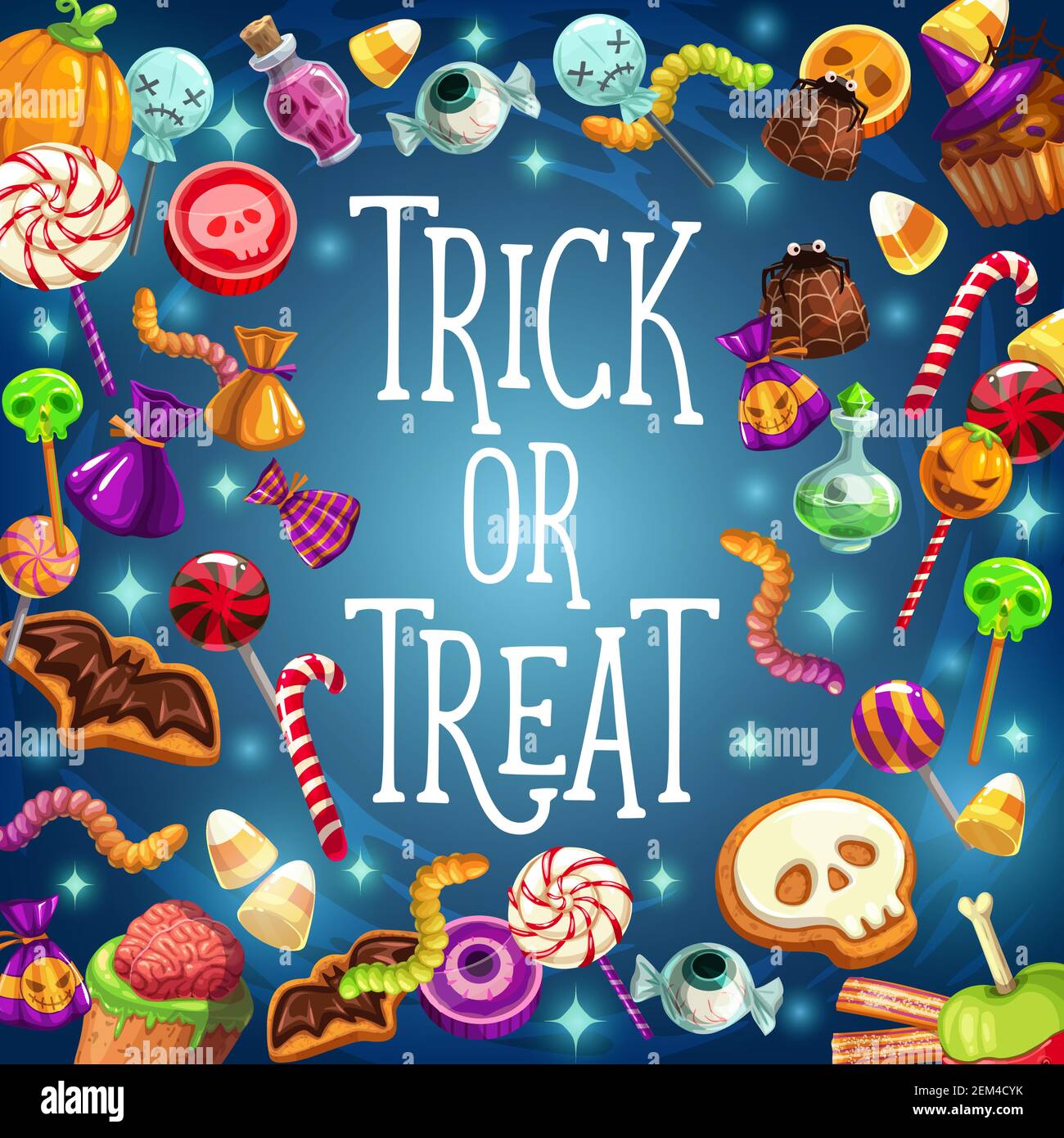Halloween holiday, trick and treat, candies and pumpkin. Vector eyeball ...
