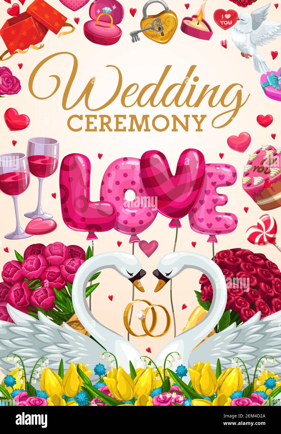 Wedding ceremony lettering and engagement party symbols. Vector couple ...