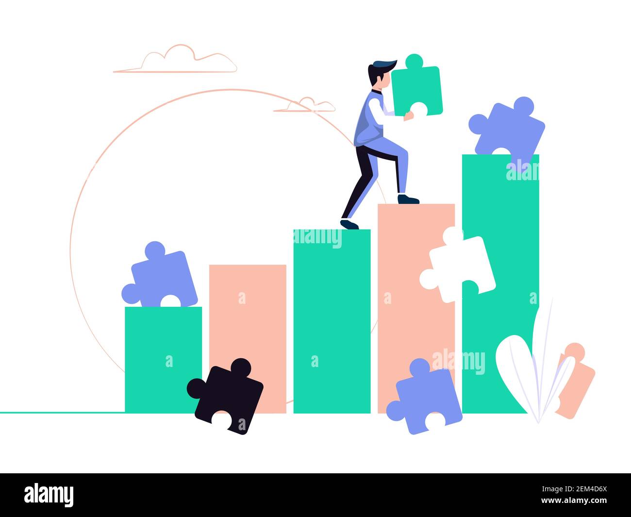 Concept metaphor. Go up the ladder to connect the puzzle elements. Flat ...