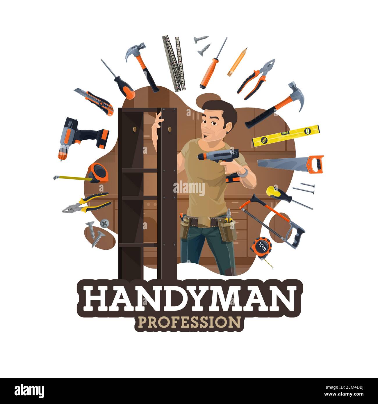Handyman or furniture maker profession, worker and frame of work tools ...