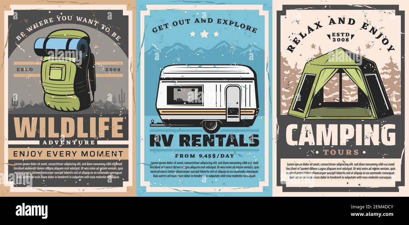 Mountain outdoor adventures and forest camping retro posters of travel ...