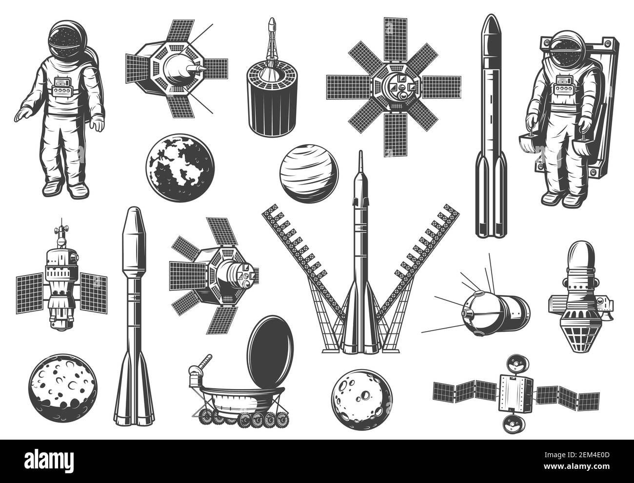 Shuttles and rockets, space and astronomy isolated monochrome icons ...