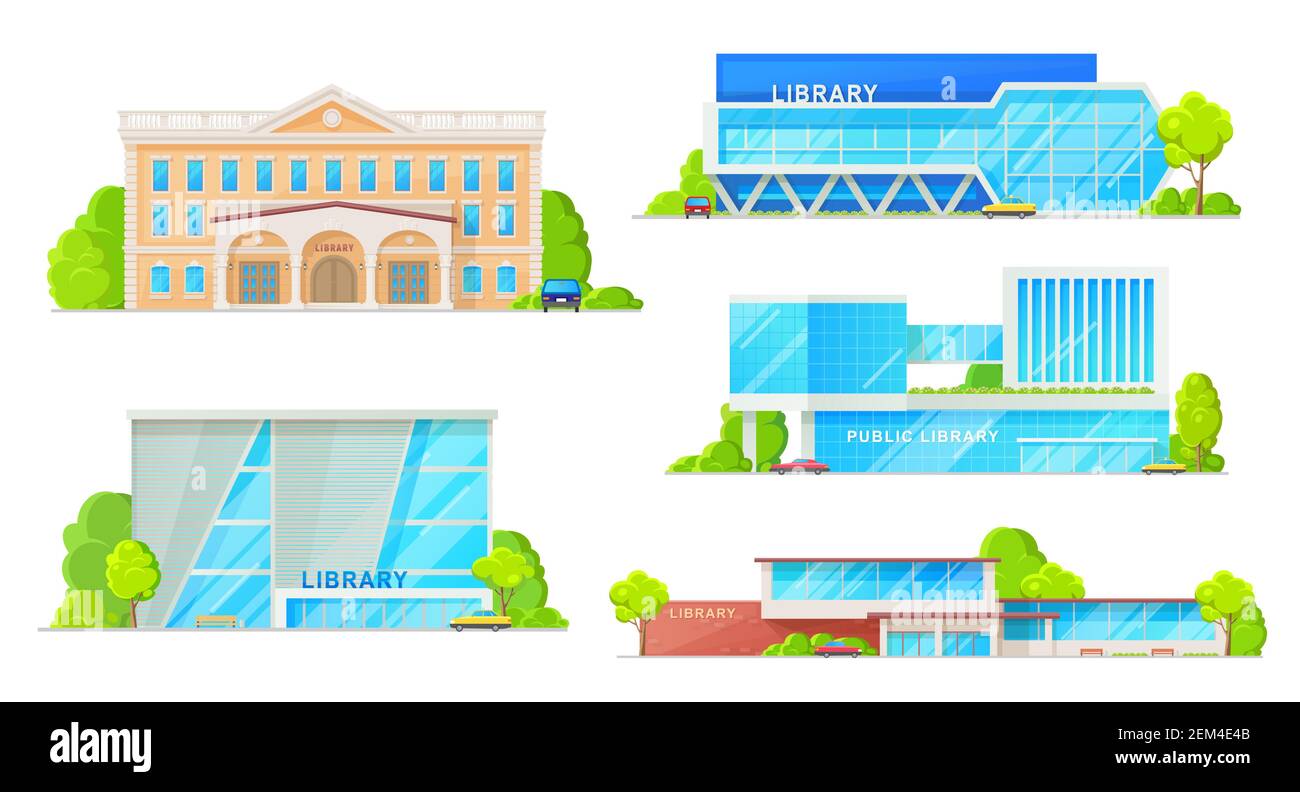 Public library buildings isolated establishments. Vector facades of ...