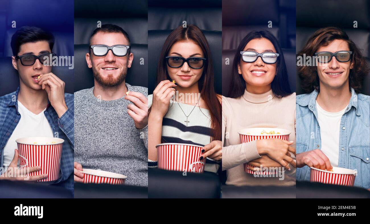 Portraits Collage Of Young People Watching Movies In Cinema, Panorama ...