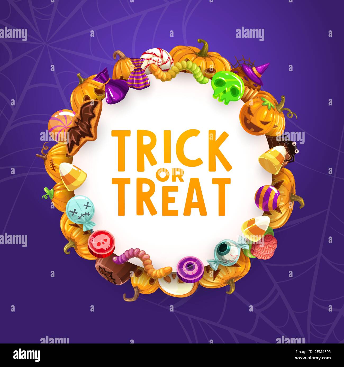 Halloween trick or treat sweets and pumpkins vector greeting card ...