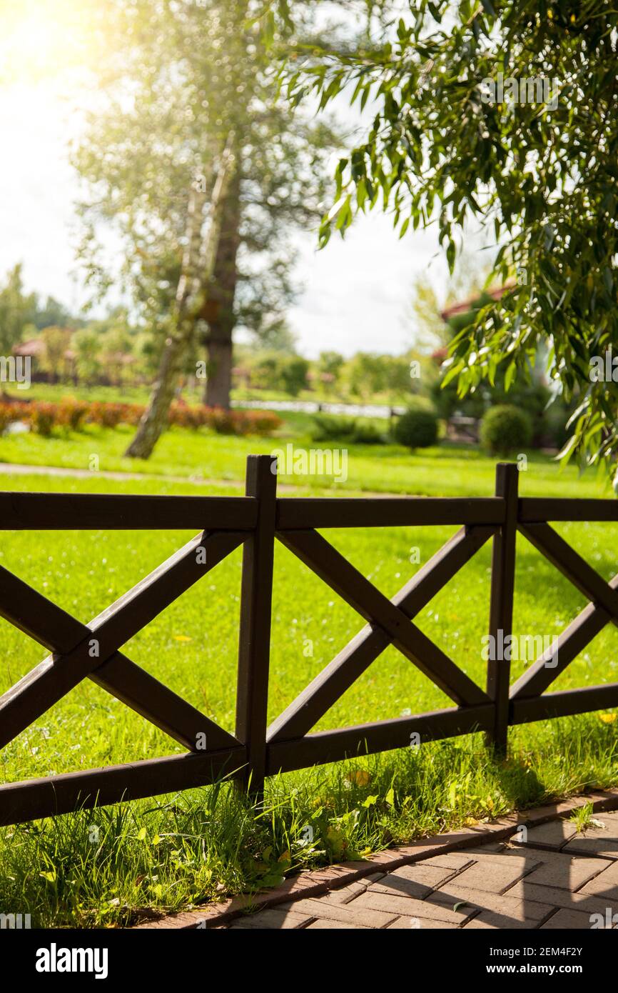 Stylish wooden fence, close-up in the sun on a summer natural green ...