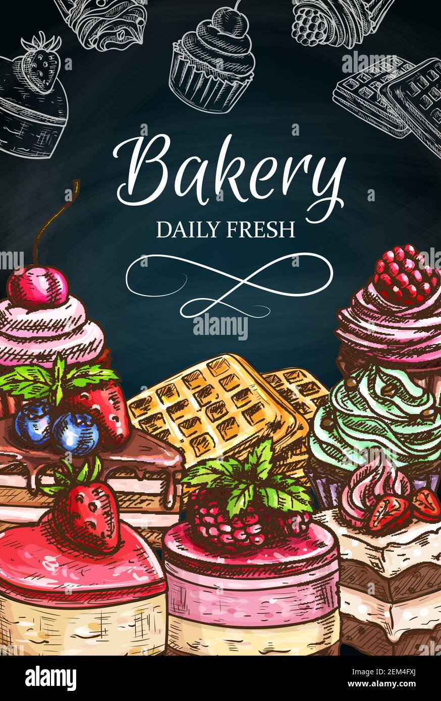 Cake desserts and pastry food chalk sketches on blackboard. Vector ...