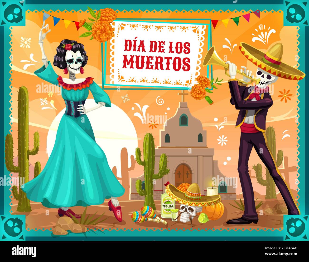 Mexican Day of the Dead dancing skeletons vector design of Dia de los ...
