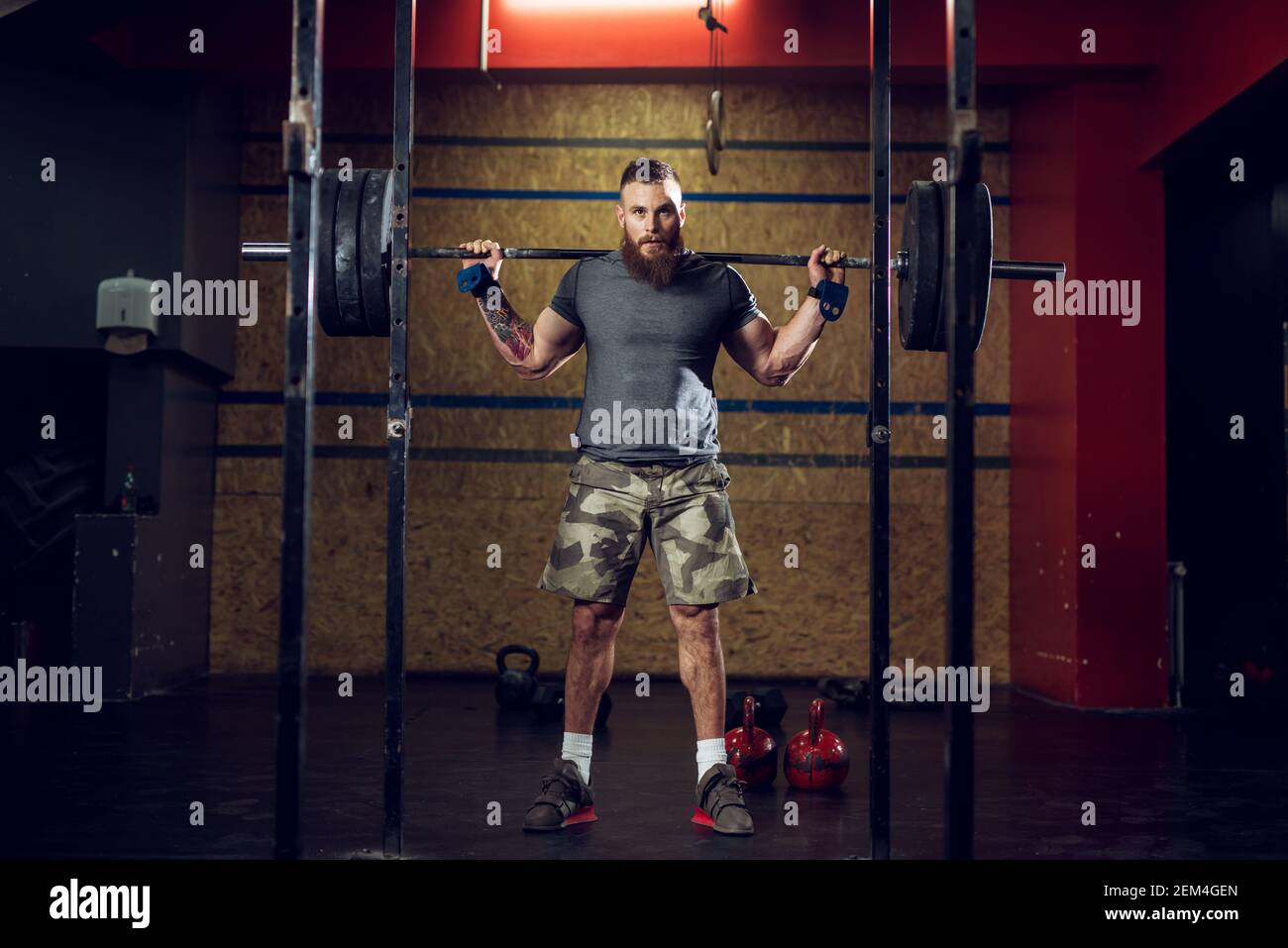 Portrait view of young bearded focused strong muscular bodybuilder man ...