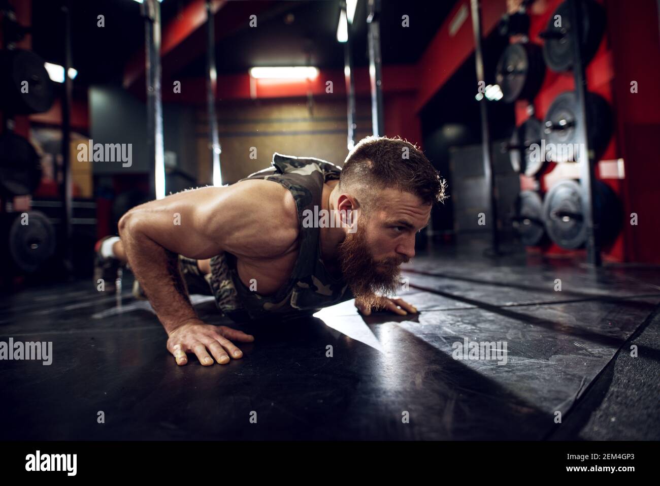 Portrait close up view of strong motivated muscular bearded short hair ...