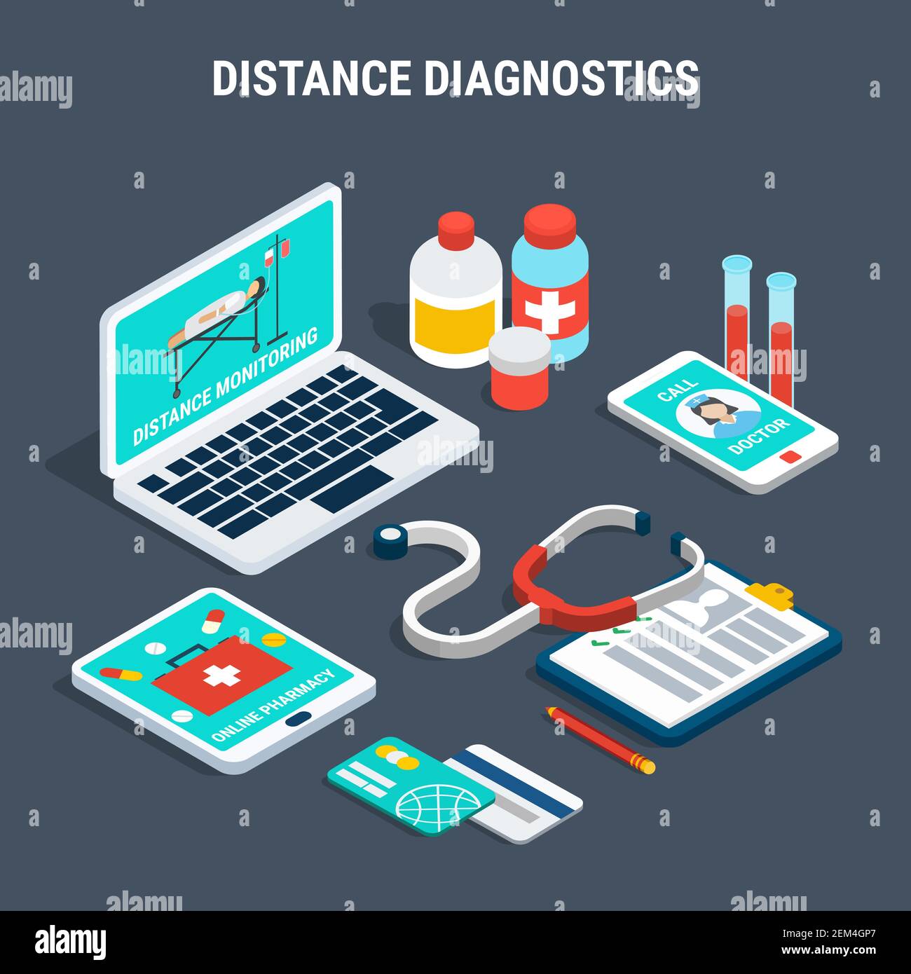 Isometric set with medical equipment for distance diagnostics isolated ...