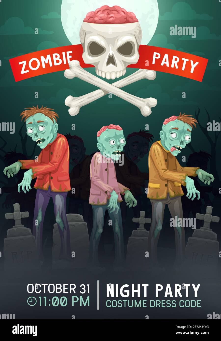 Zombie party vector invitation of Halloween holiday horror night ...