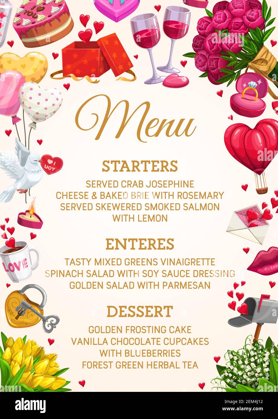 Wedding menu card in heart balloons, roses flowers, and marriage gifts ...