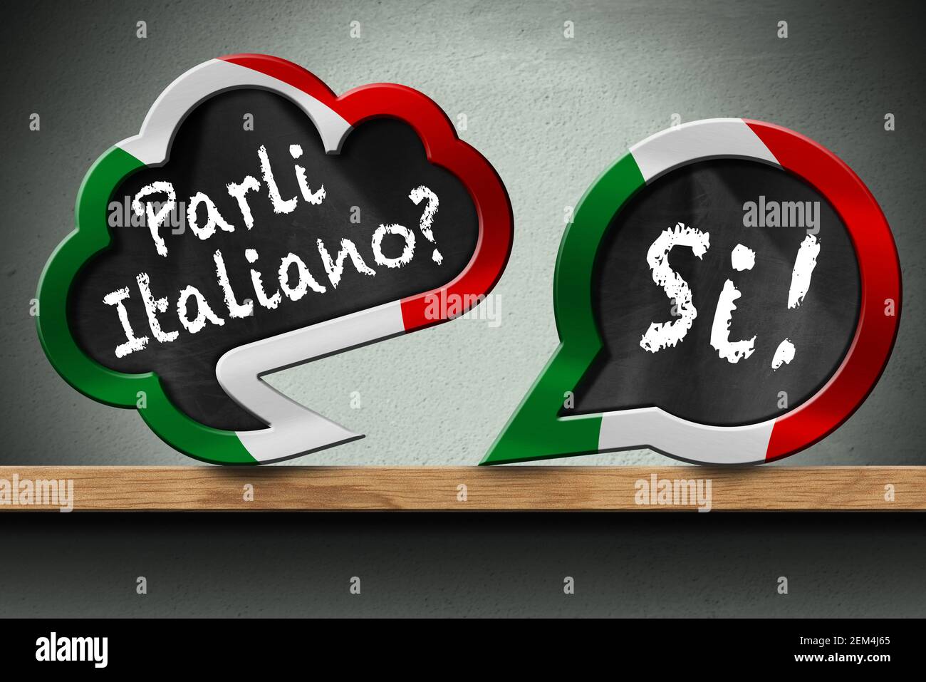 3D illustration of two speech bubbles with Italian flag and question ...