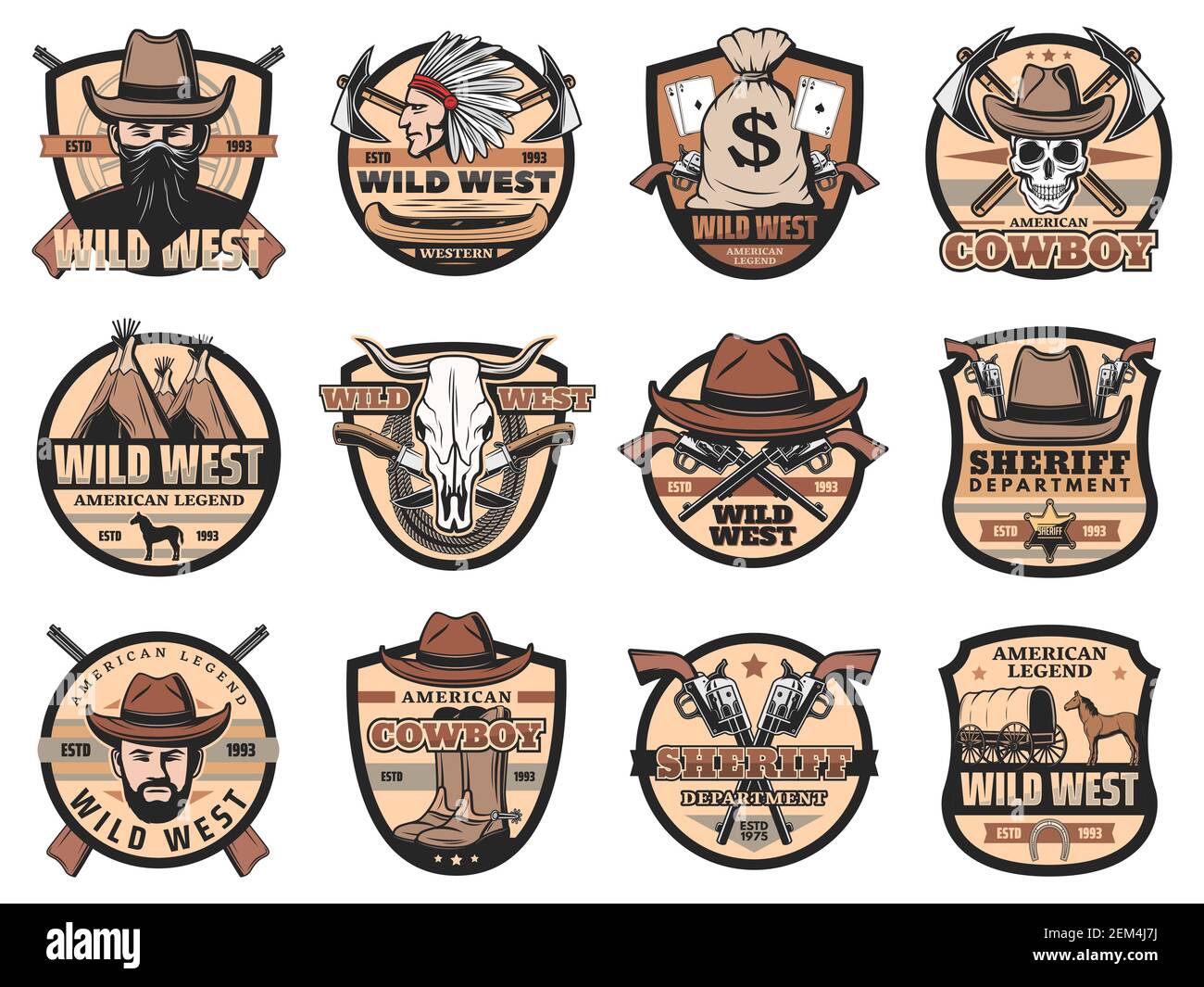 Wild West vintage vector icons set. Cowboy, sheriff and skull, American ...