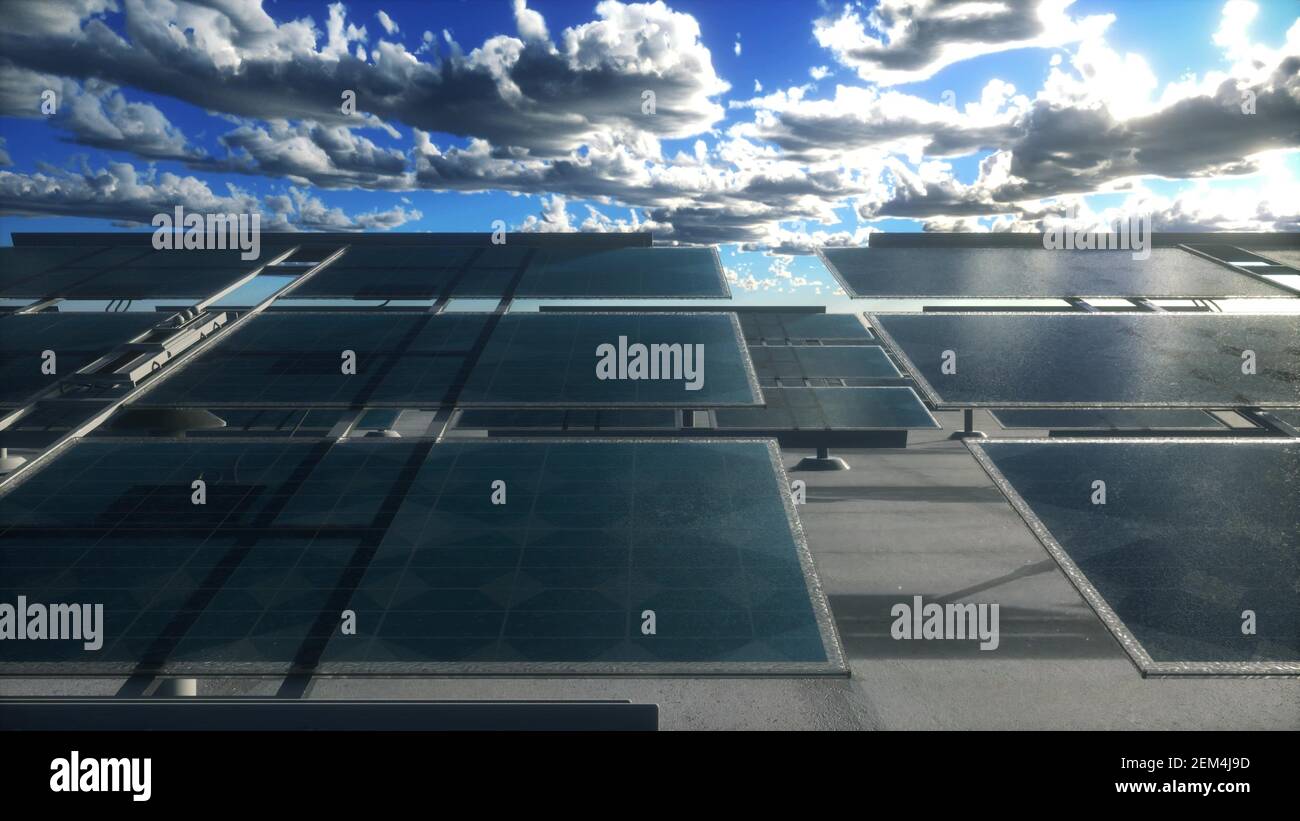 Solar cells panels under the sun sky and cloud reflection. Green power ...