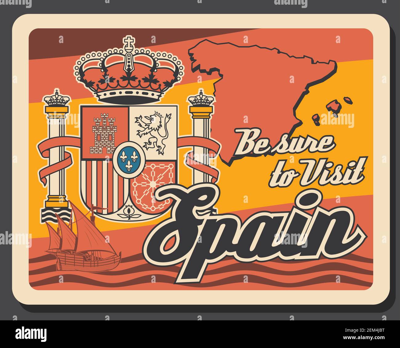 Travel to Spain retro poster with map and coat of arms in colors of ...