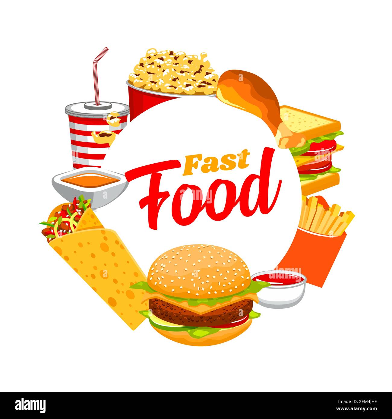Fastfood round frame, takeaway junk food and drinks for restaurant menu ...