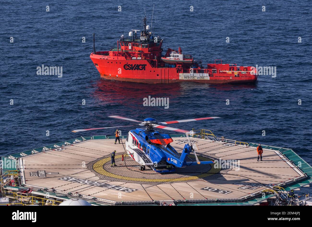 A Sikorsky S-92 helicopter on the helideck on an offshore oil and gas ...