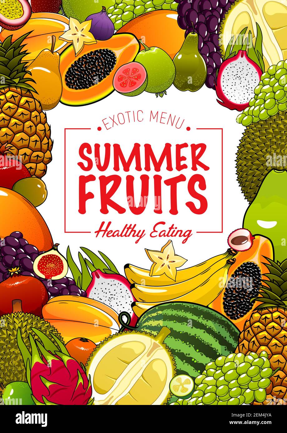 Vector tropical sweet fruits poster. Fresh cartoon pineapple, banana ...