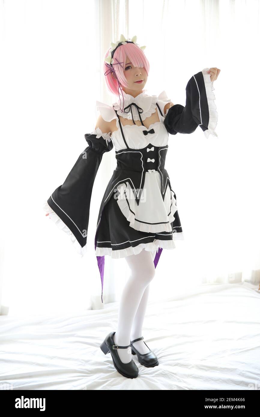 Portrait of Japan anime cosplay woman , white japanese maid in white ...