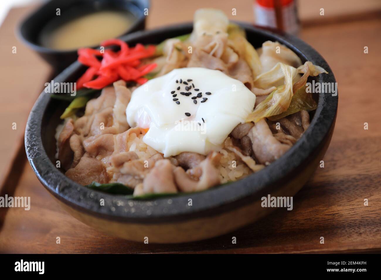 Japanese food Gyudon Japanese beef on rice bowl topped with egg on ...
