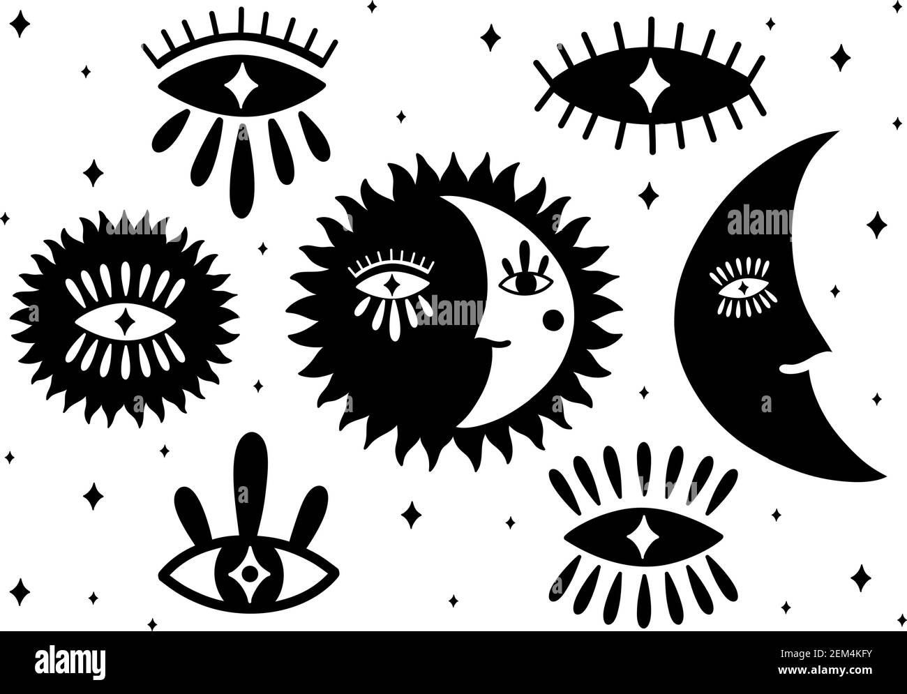 Moon And Sun Sign Set Celestial Sign Sky Evil Eye Esoteric Nature Boho