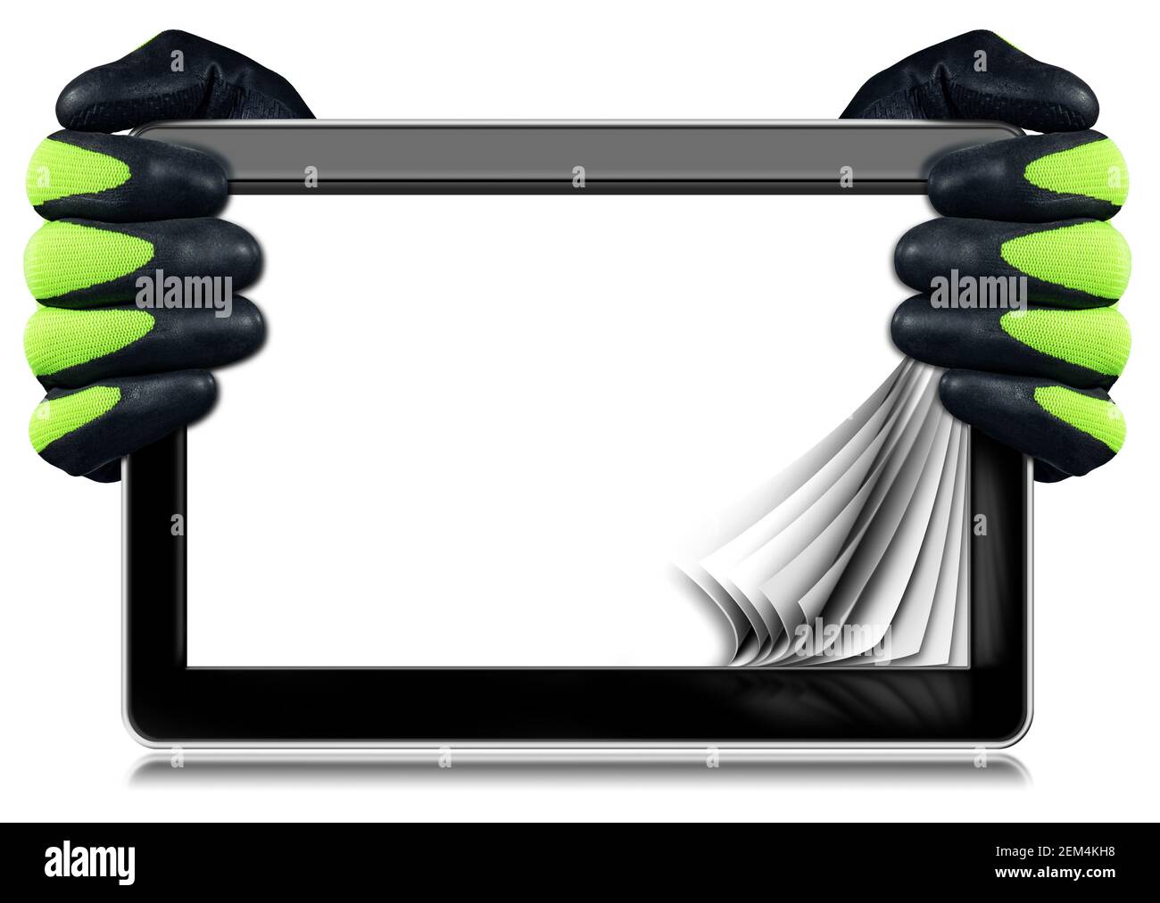 Gloved hands showing a digital tablet computer with curled blank pages ...
