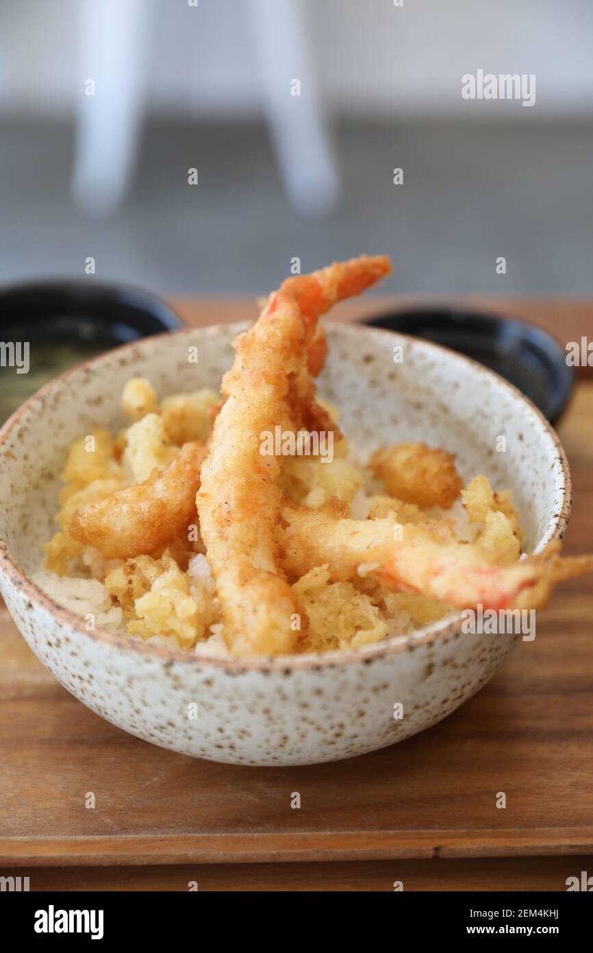 Tempura donburi , Fried shrimp tempura on rice japanese food on wooden ...