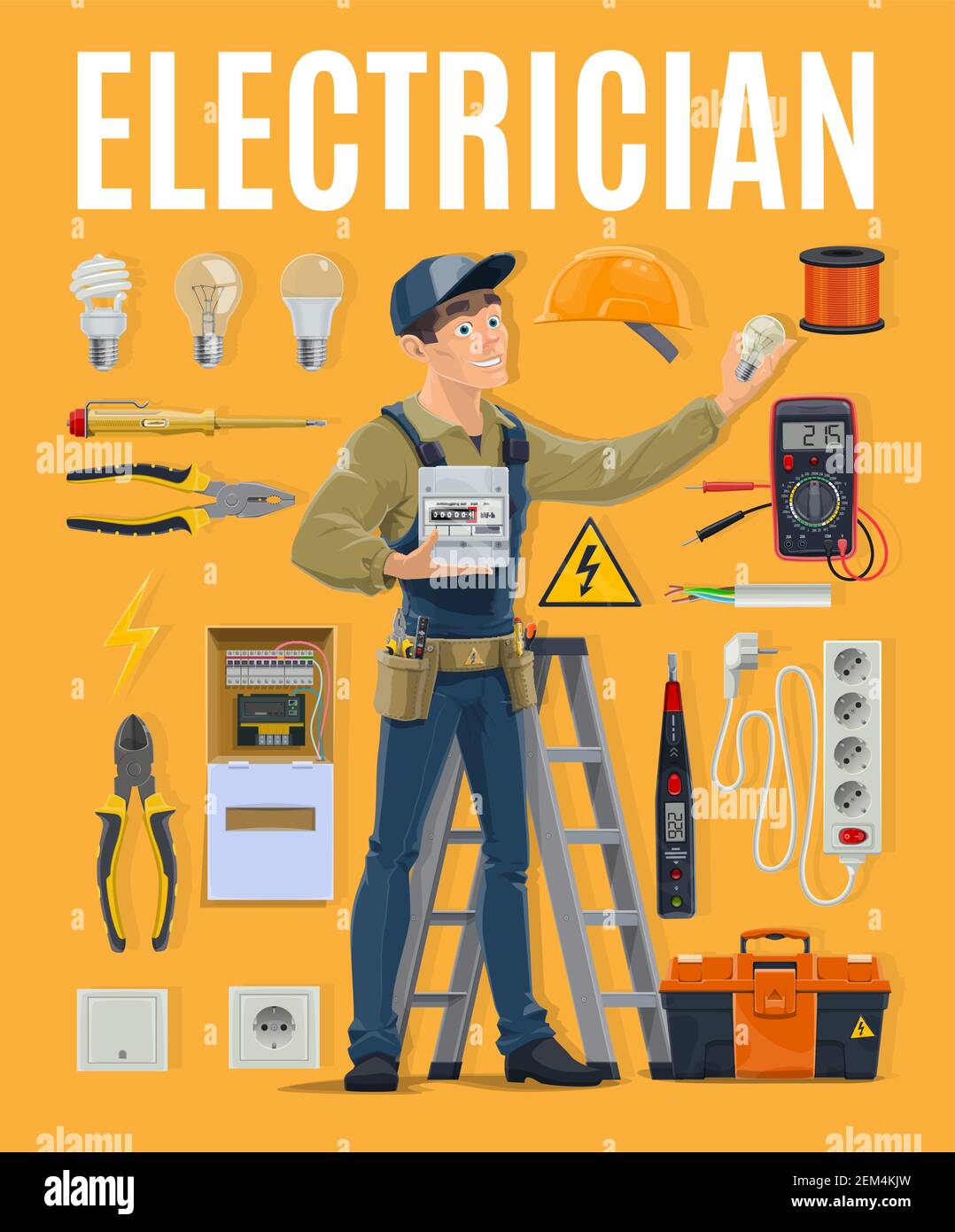 Electrician with work tools and electrical equipment toolbox. Electric ...