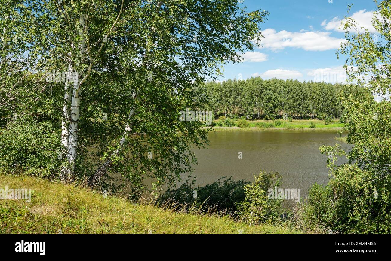 Sunny summer landscape with green hills,river and beautiful woods ...