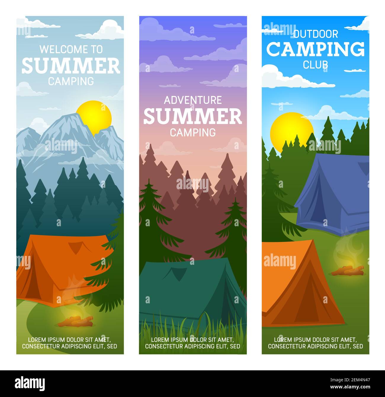 Summer camp vector banners, camping adventure club with tents and ...