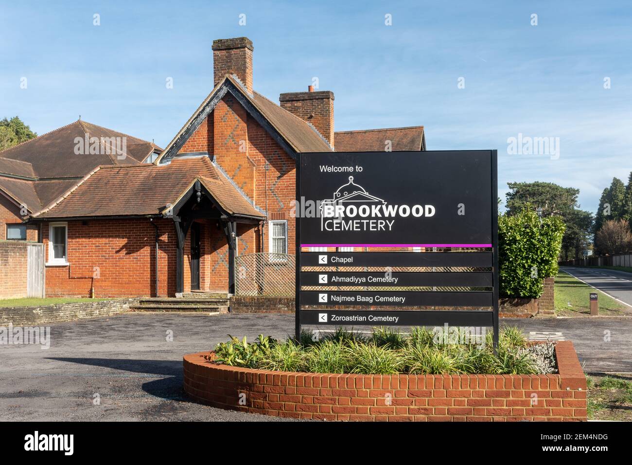 Sign post at the entrance to Brookwood Cemetery, Surrey, England, which ...