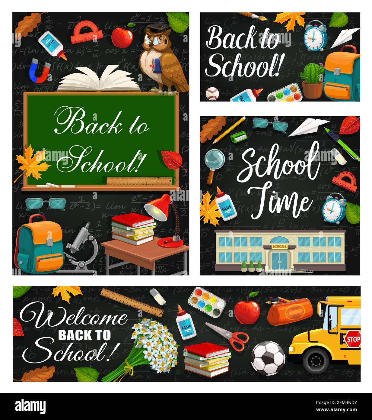 School time, 1st September start of studying, chalkboards with formulas ...