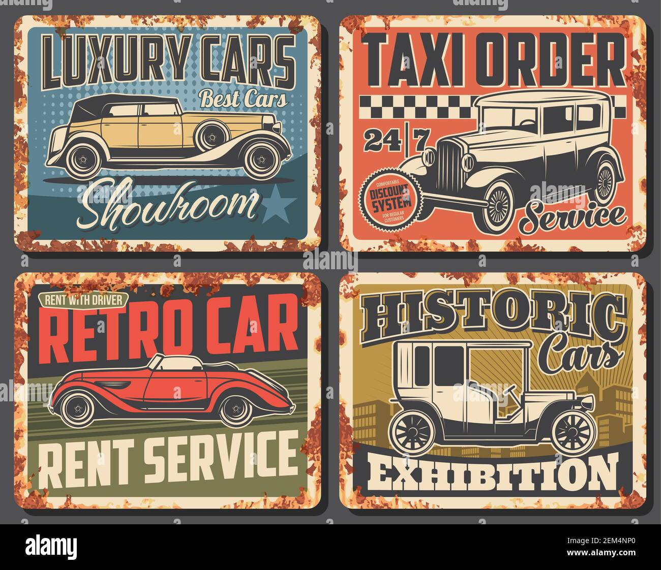 Retro car and vintage auto rusty metal signs. Vector old vehicles ...
