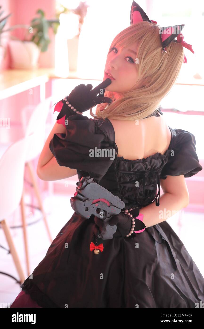 Japan anime cosplay , portrait of girl cosplay in pink room background ...