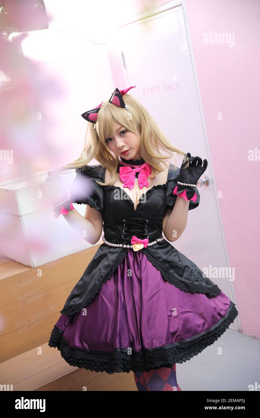 Japan anime cosplay , portrait of girl cosplay in pink room background ...