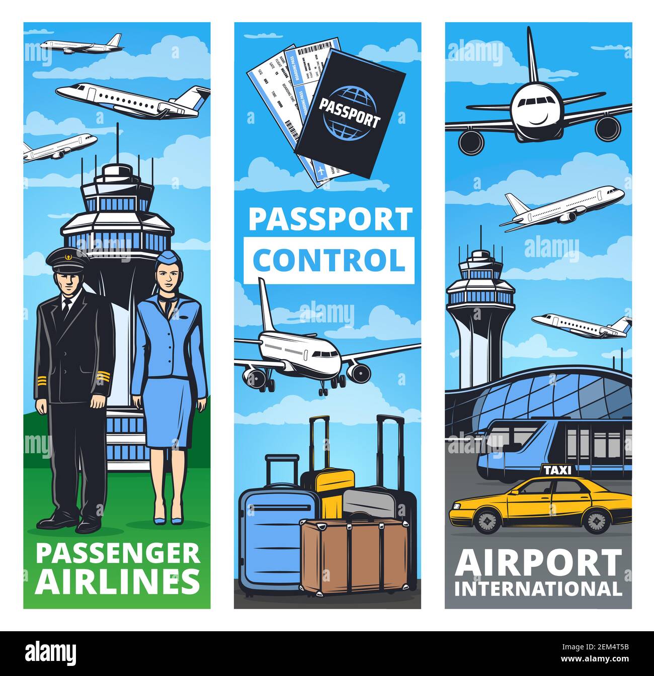Airline plane crew and air transportation service vector banners ...