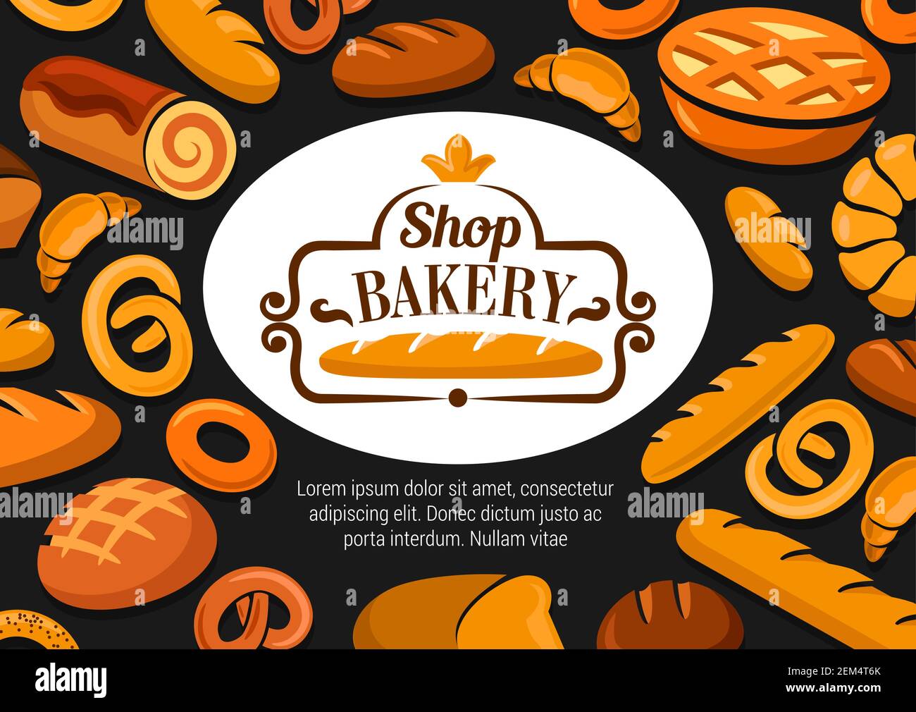 Bakery shop, bread and pastry vector poster. Baker shop assortment with ...