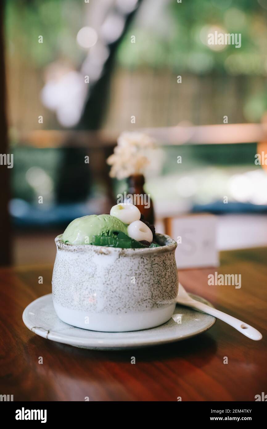 Japanese dessert Anmitsu green tea ice cream red bean and moji Stock ...