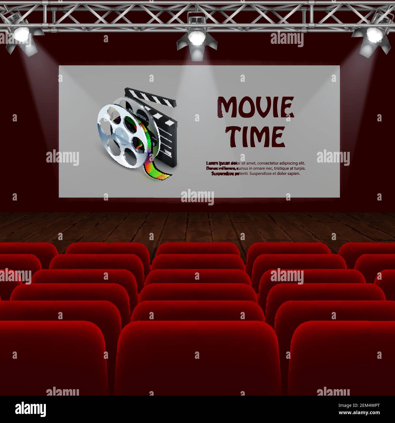 Movie time realistic background with big screen and empty seats in ...