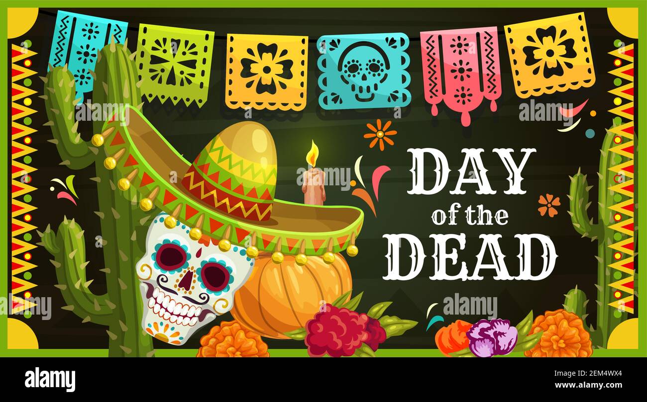 Day of the Dead Mexican sugar skull with sombrero vector greeting card. Dia de los Muertos altar ...