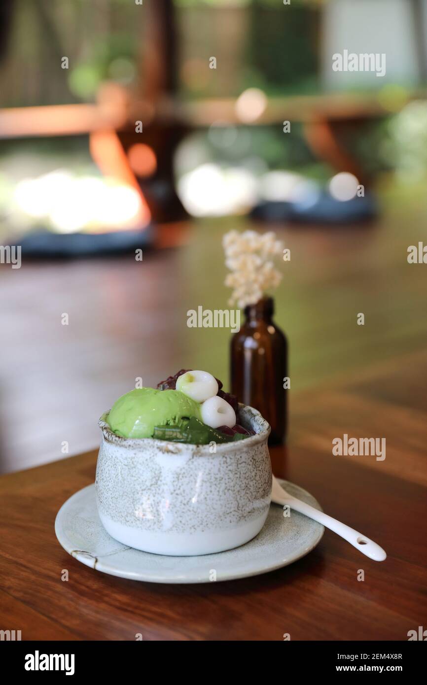 Japanese dessert Anmitsu green tea ice cream red bean and moji Stock ...