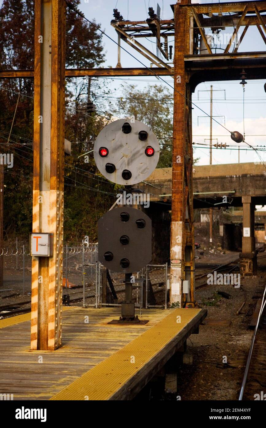 Railway signal at a railroad station platform Stock Photo - Alamy