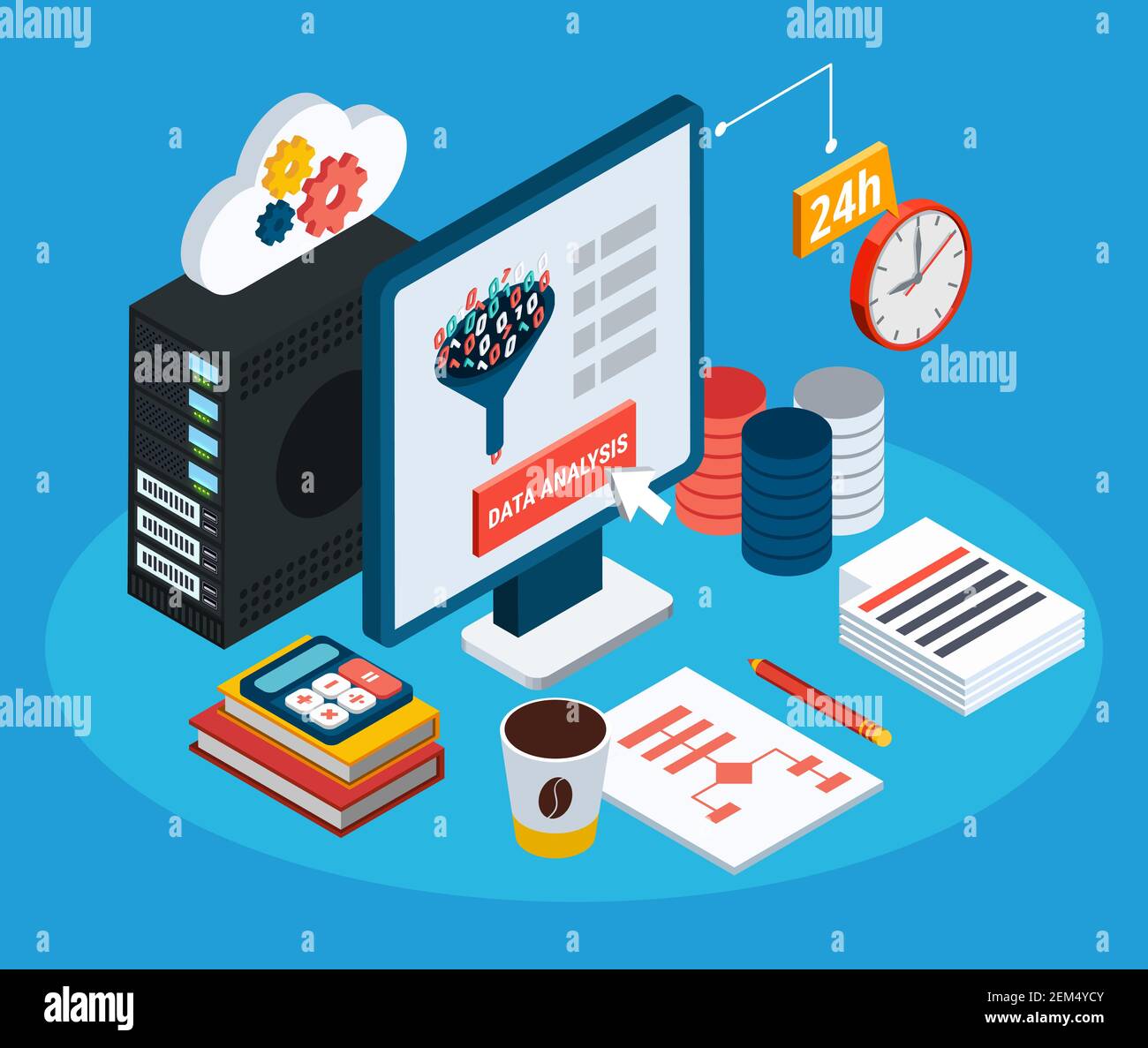 Data analysis isometric background with computer connected by unlimited ...