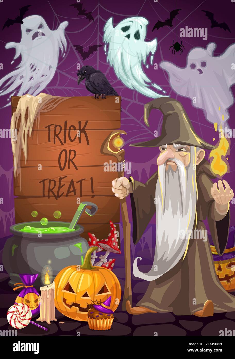 Evil wizard cooking poison potion in cauldron on Halloween night ...