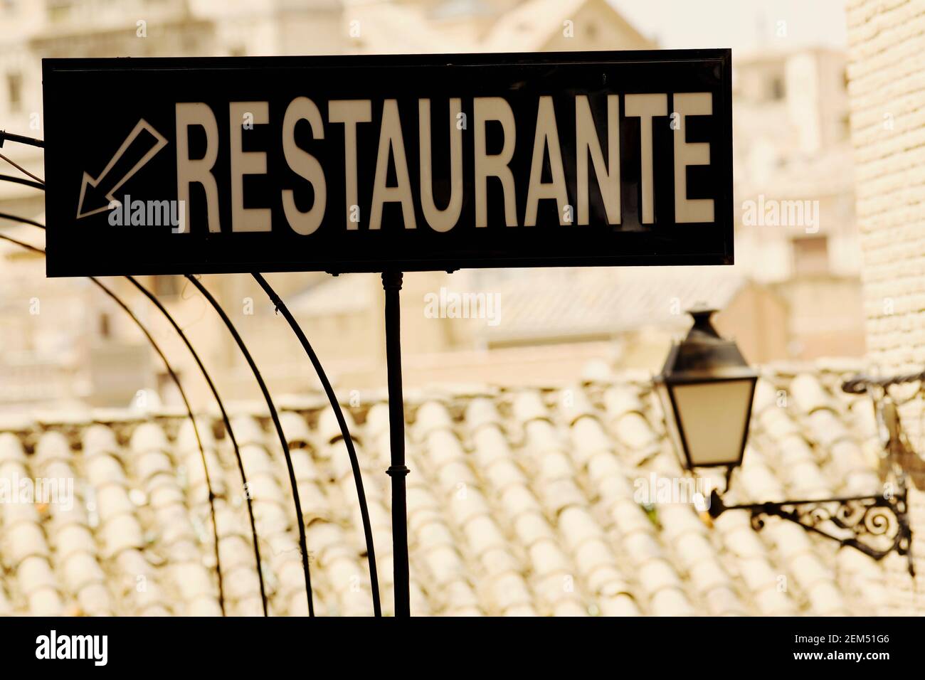 Close-up of the signboard of a restaurant, Madrid, Spain Stock Photo ...