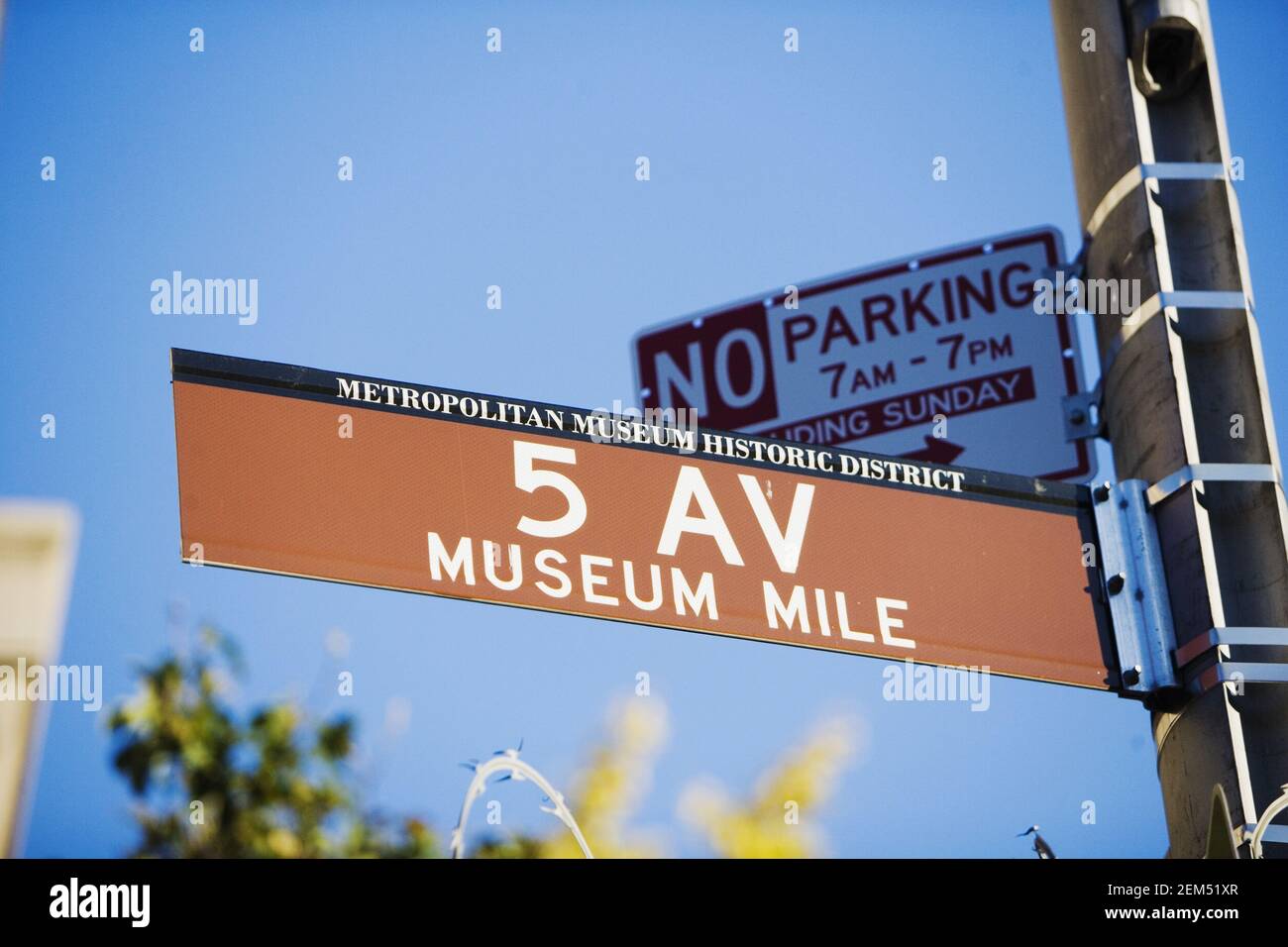 Low angle view of an information board and a no parking sign, Fifth ...