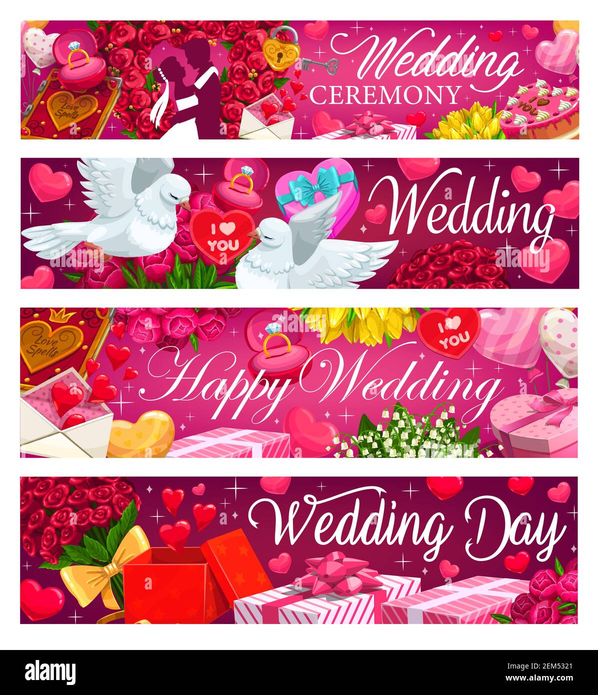 Wedding invitation, bride and groom kiss, diamond rings, heart balloons ...