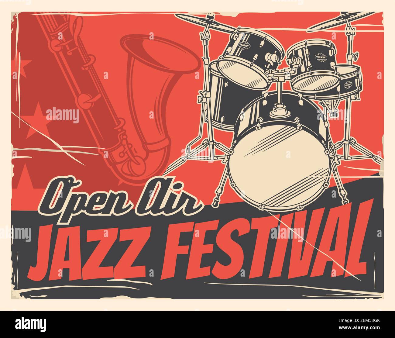Jazz music festival or concert vector poster with musical instruments ...